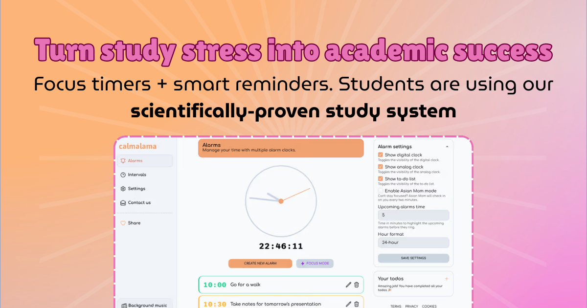 Free study timer & alarm app for students | calmalama - Boost your GPA